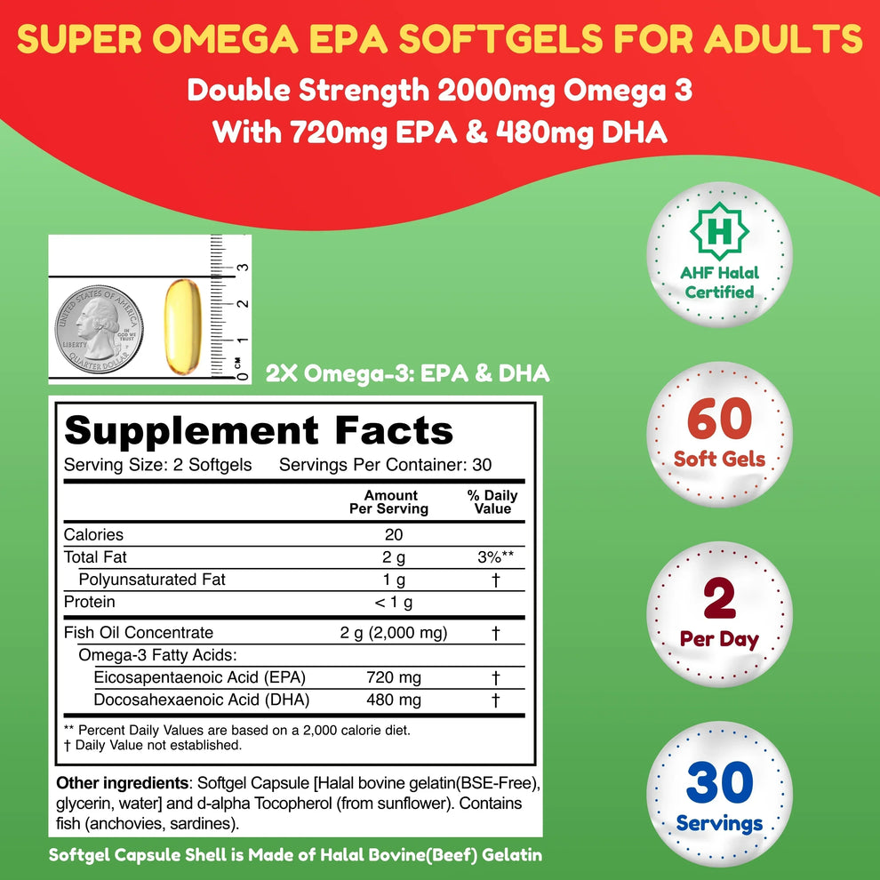 Halal Omega 3 Fish Oil For Adults, 30 Days Supply - SHIFAA NUTRITION